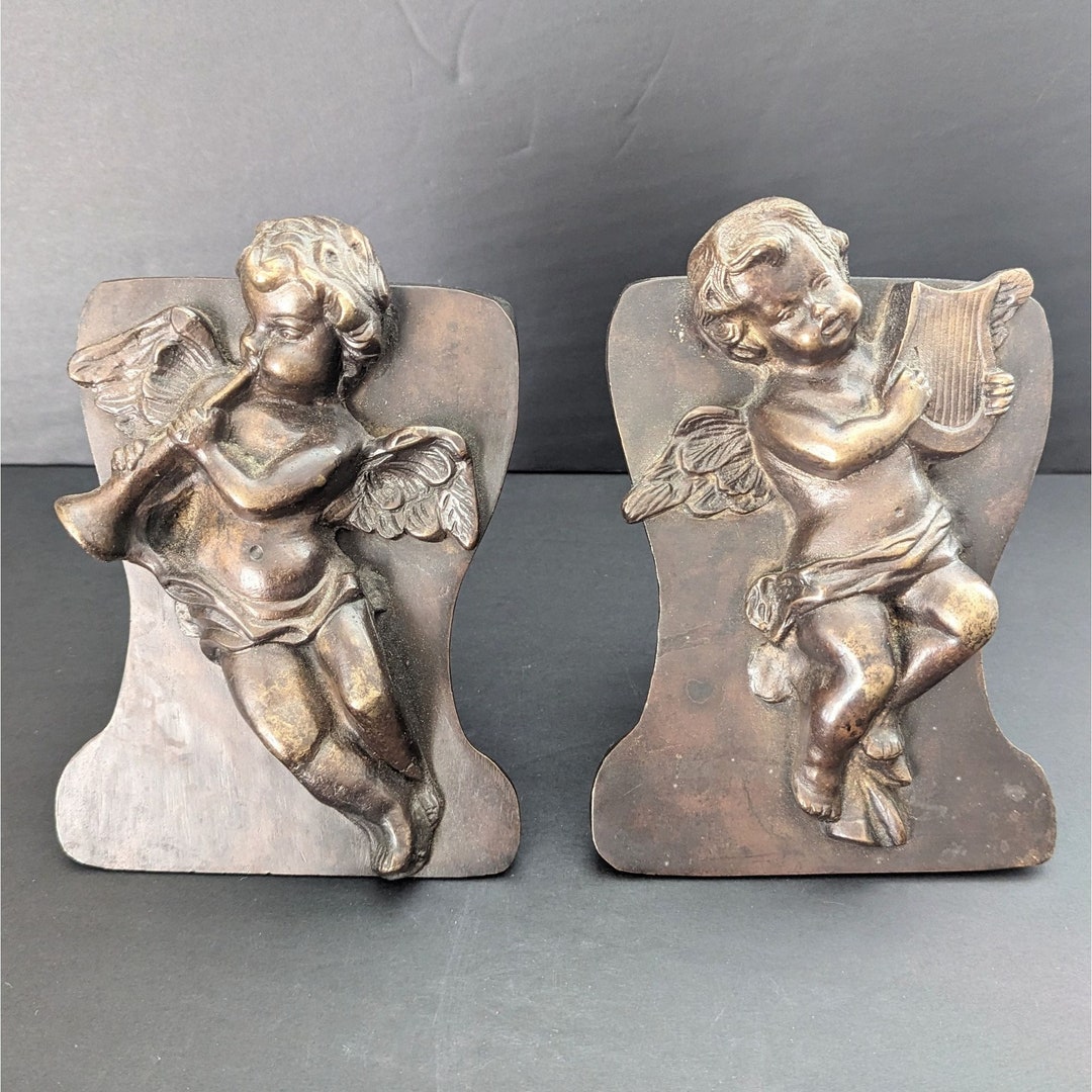 Vintage Heavy Bronze Finish Cherub Bookends Grandmillenial Hollywood ...