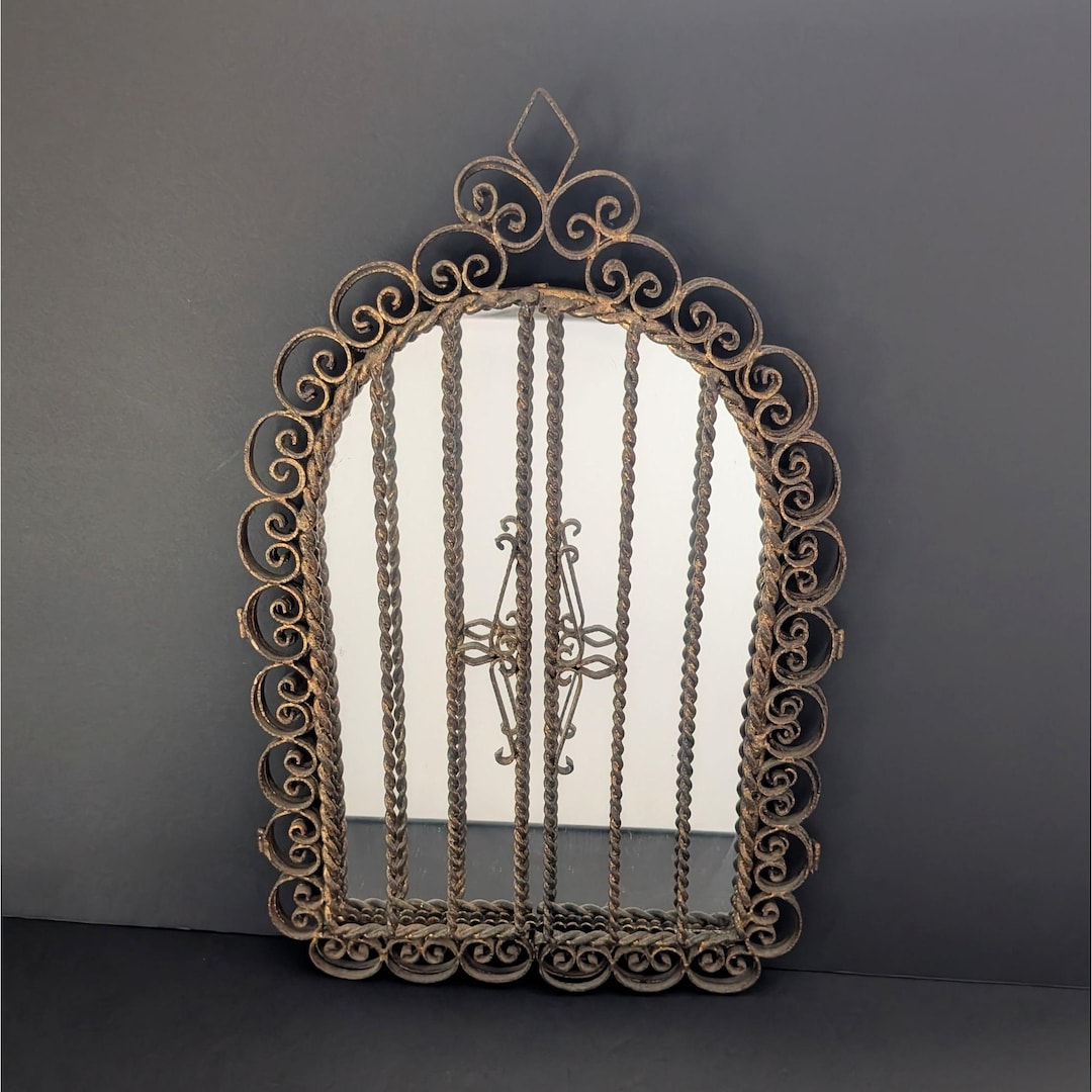 Vtg Ornate Filigree Arched Metal Mirror With Hinged Doors Hollywood ...