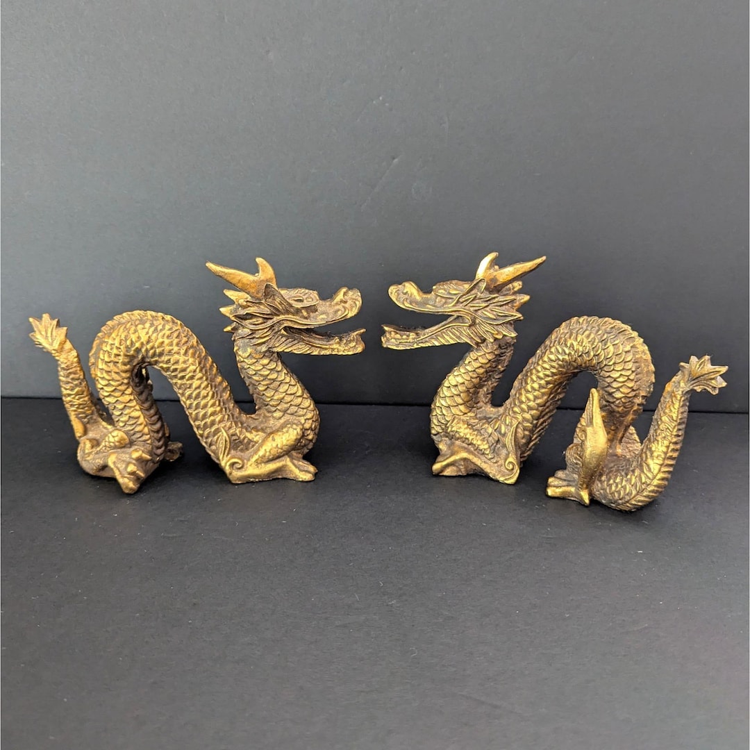 Vintage Gold Resin Chinese Dragon Figurines Set of 2 Intricate ...
