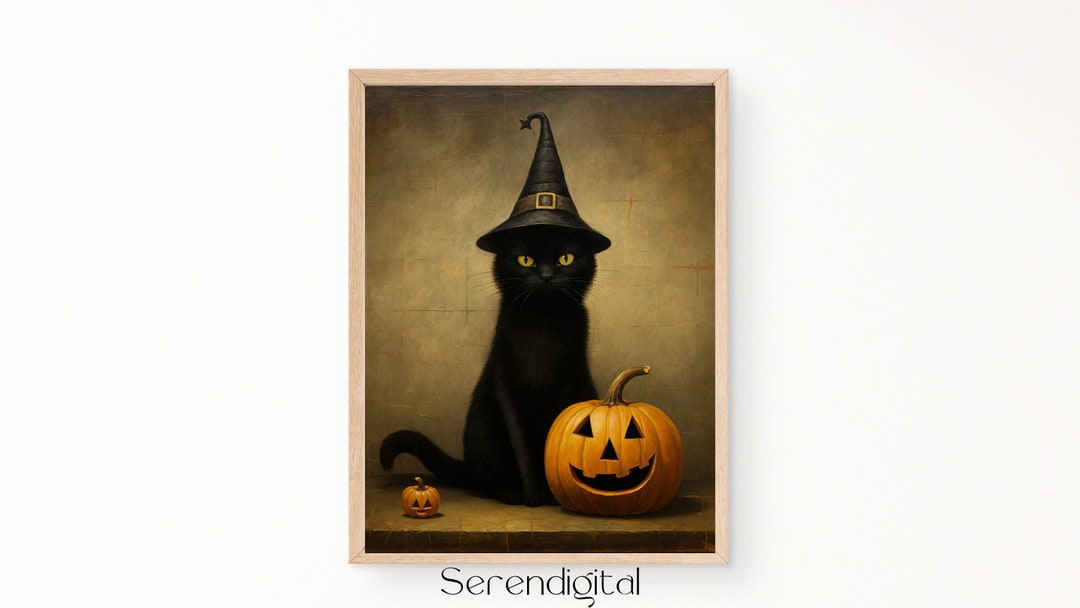 PRINTABLE Halloween Black Cat Wall Art, Downloadable Vintage Fall ...