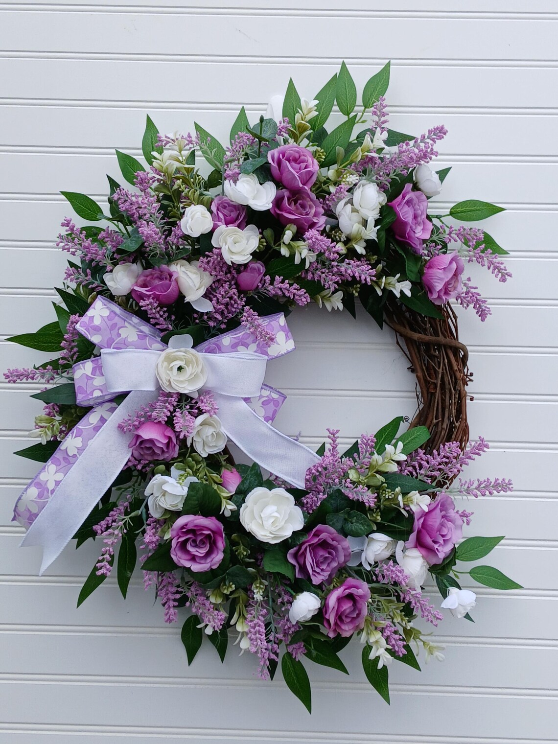 Purple Rose Wreath, Spring Summer Door Decor, Easter Floral Arrangement ...