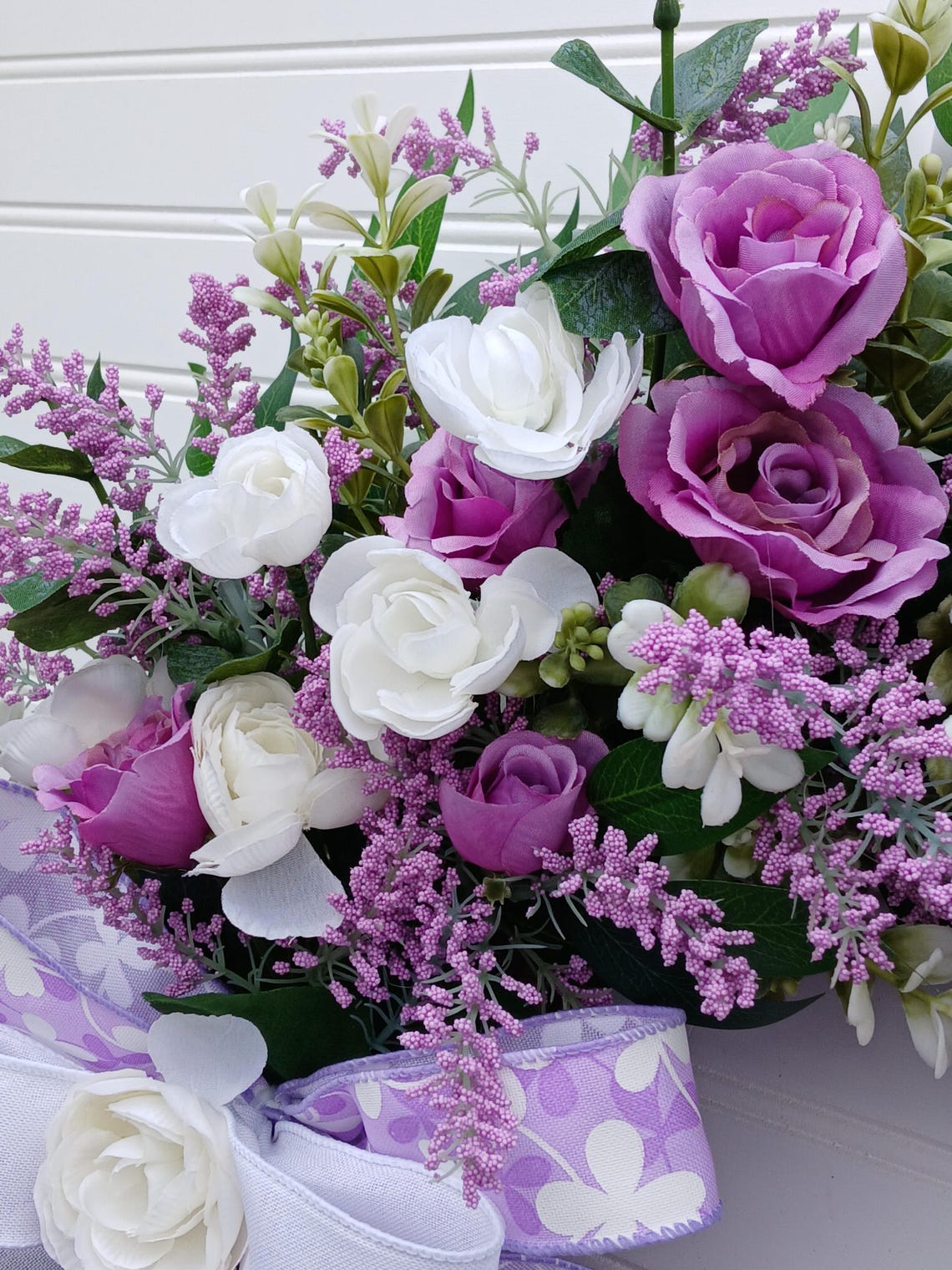 Purple Rose Wreath, Spring Summer Door Decor, Easter Floral Arrangement ...
