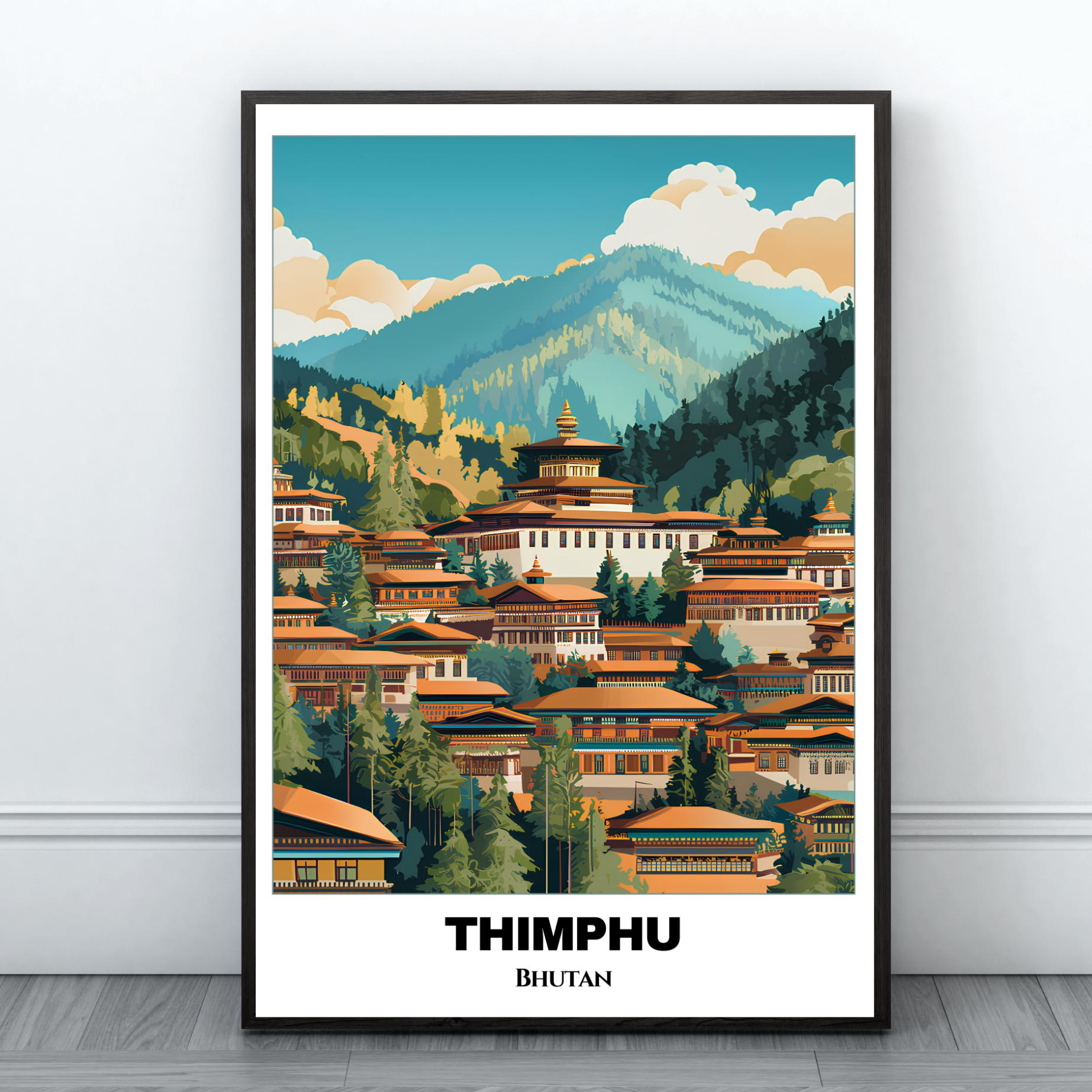 Thimphu Travel Printable Poster - Bhutan Travel Poster - Cityscape ...