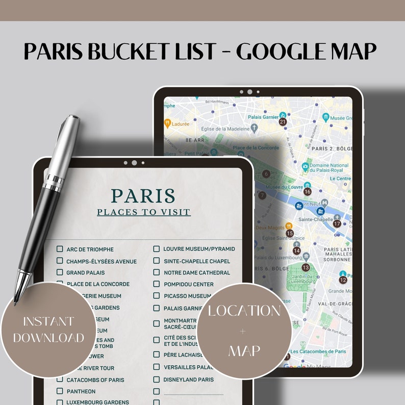 Paris Bucket List Paris Digital Map Travel Itenerary Paris Google Map ...