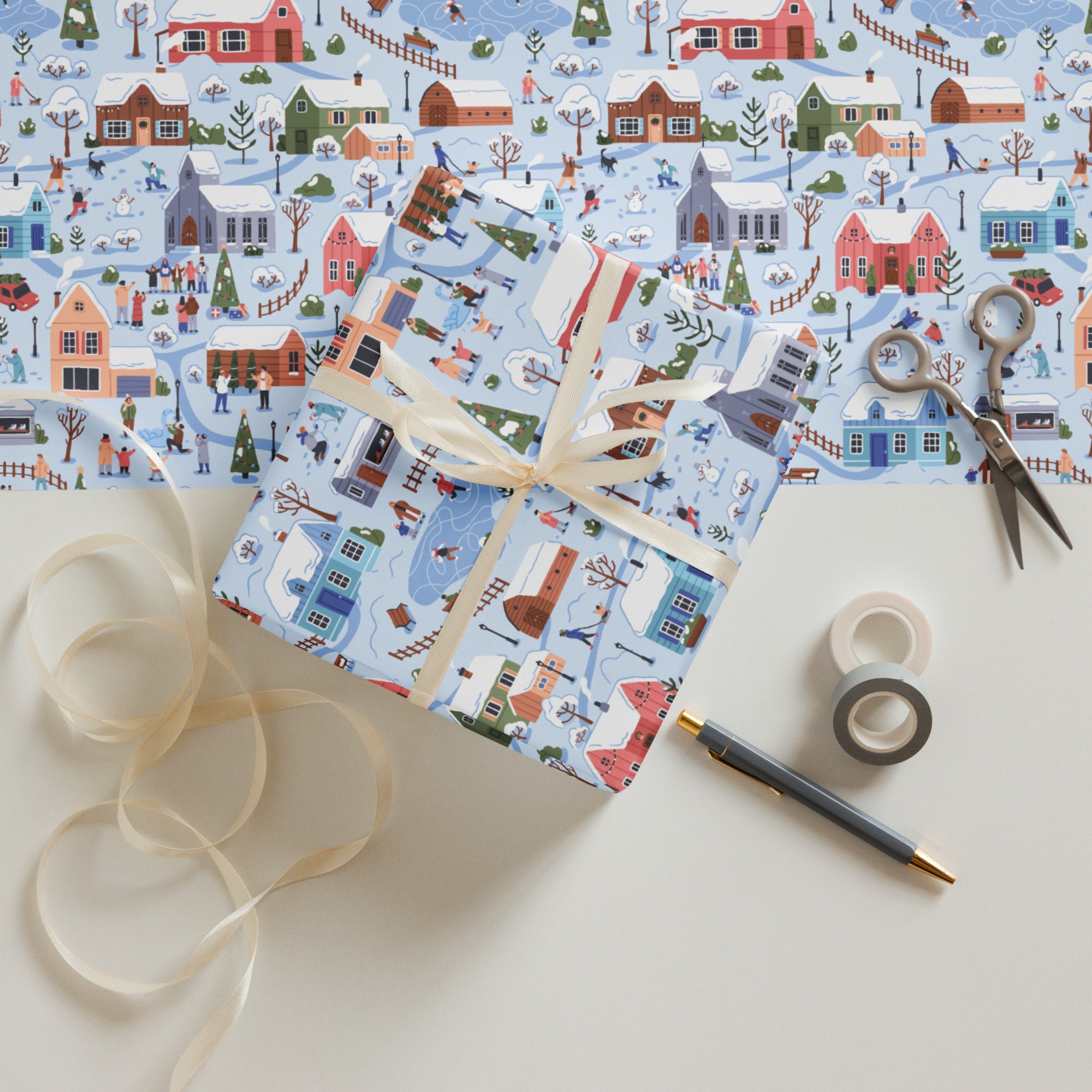 Wrapping Paper: Snowy Winter Village Christmas | Gift Wrap | Festive ...