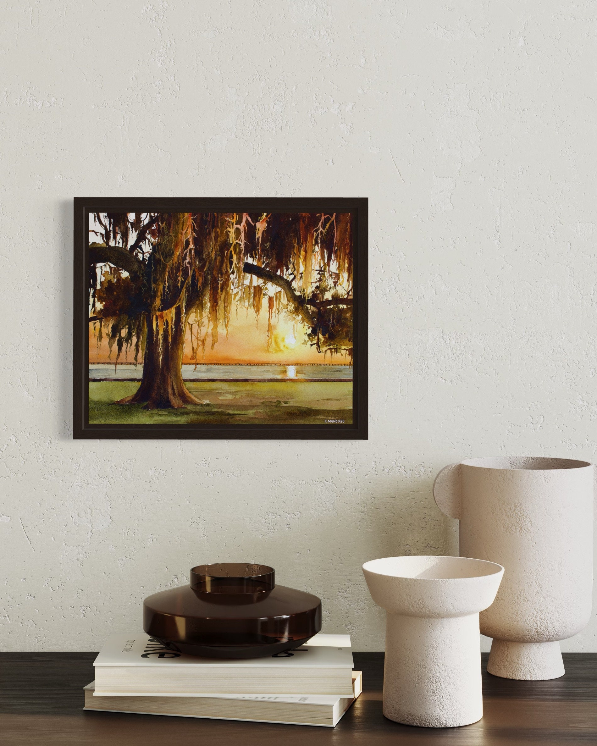 Neutral Sunset Art Mandeville Sunset Painting Louisiana Art Watercolor ...