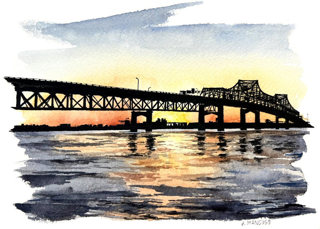 Baton Rouge Bridge Watercolor Art Print: Pastel Sunset - Etsy