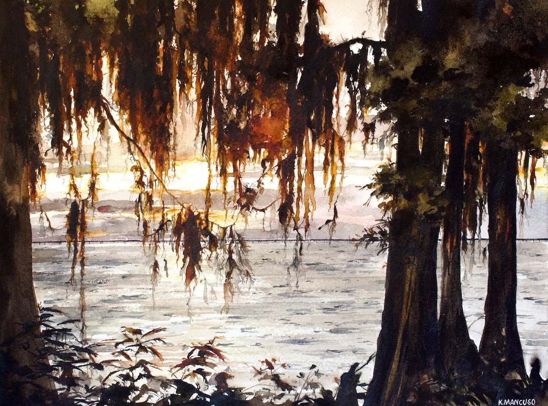 Swamp Bayou Art Print: Louisiana Sunset Shoreline Watercolor - Etsy
