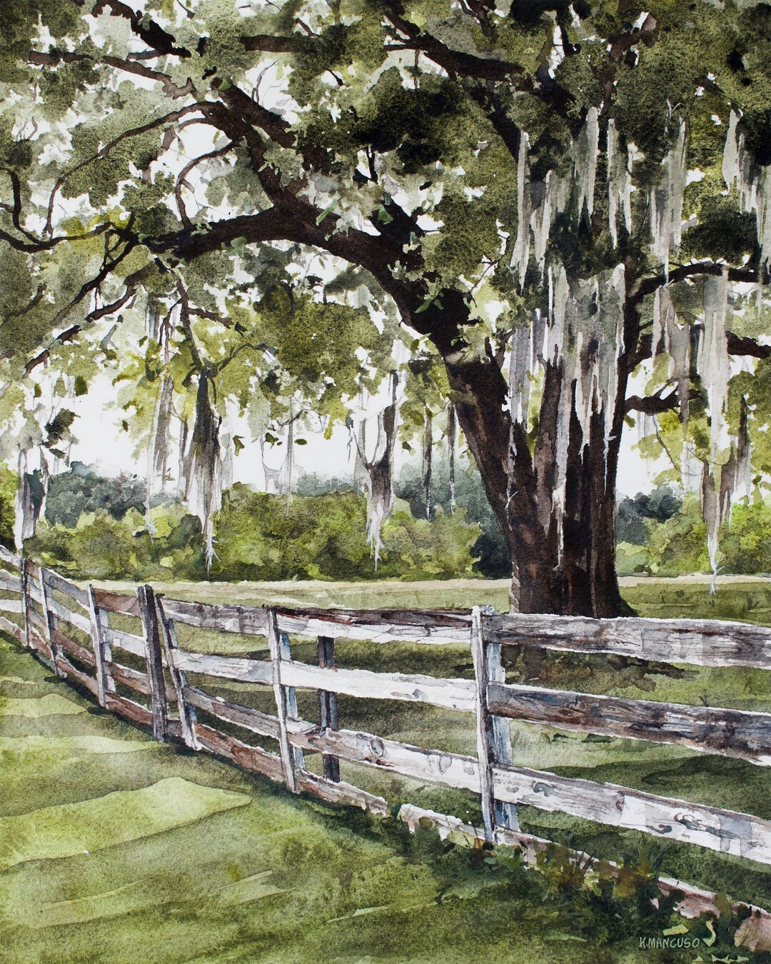 Neutral Green Trees Art Print | Nature Oaks Print | White Fence ...