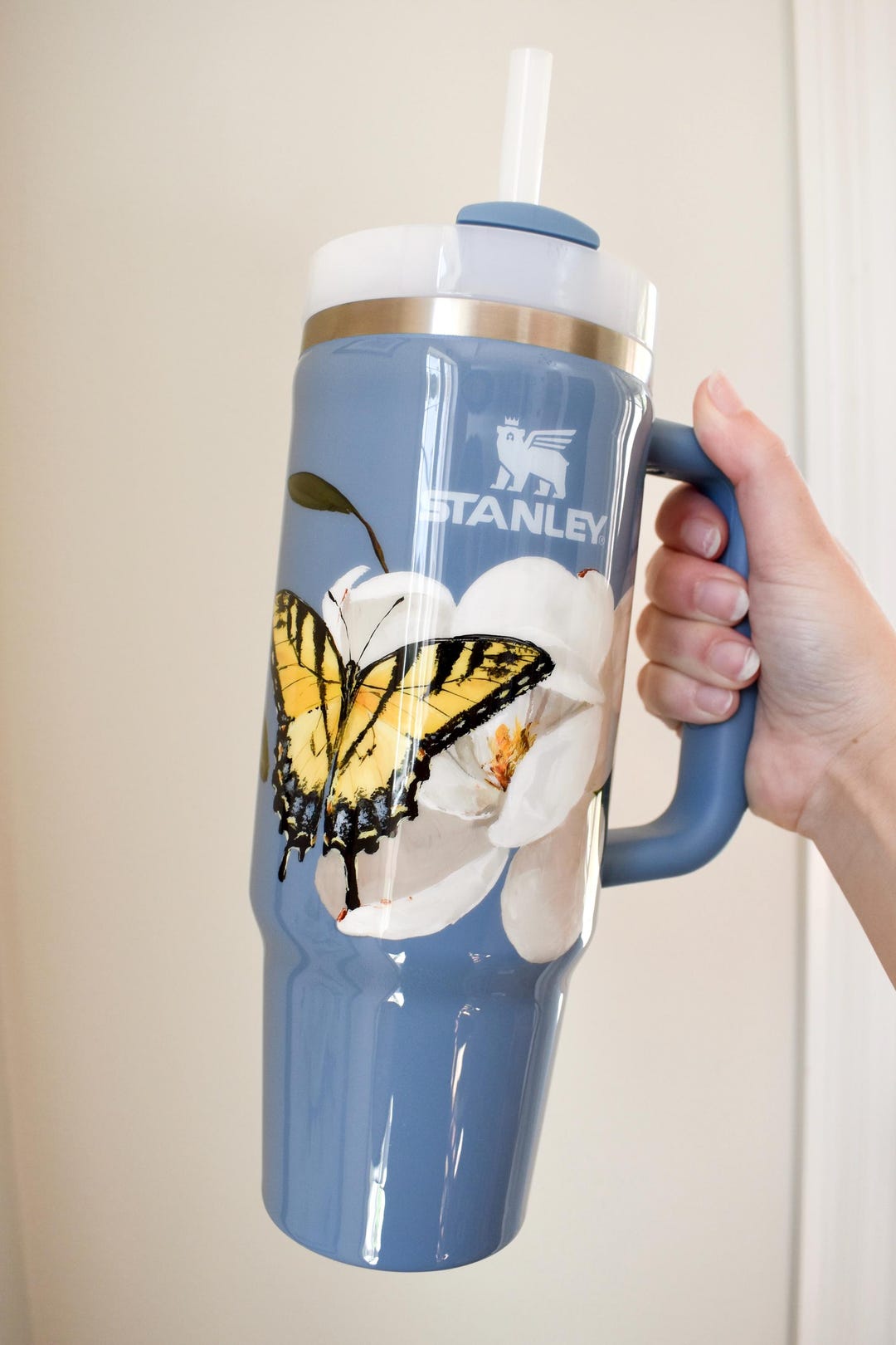 Hand Painted Stanley Cup Tumbler — Floral With Yellow Swallowtail ...