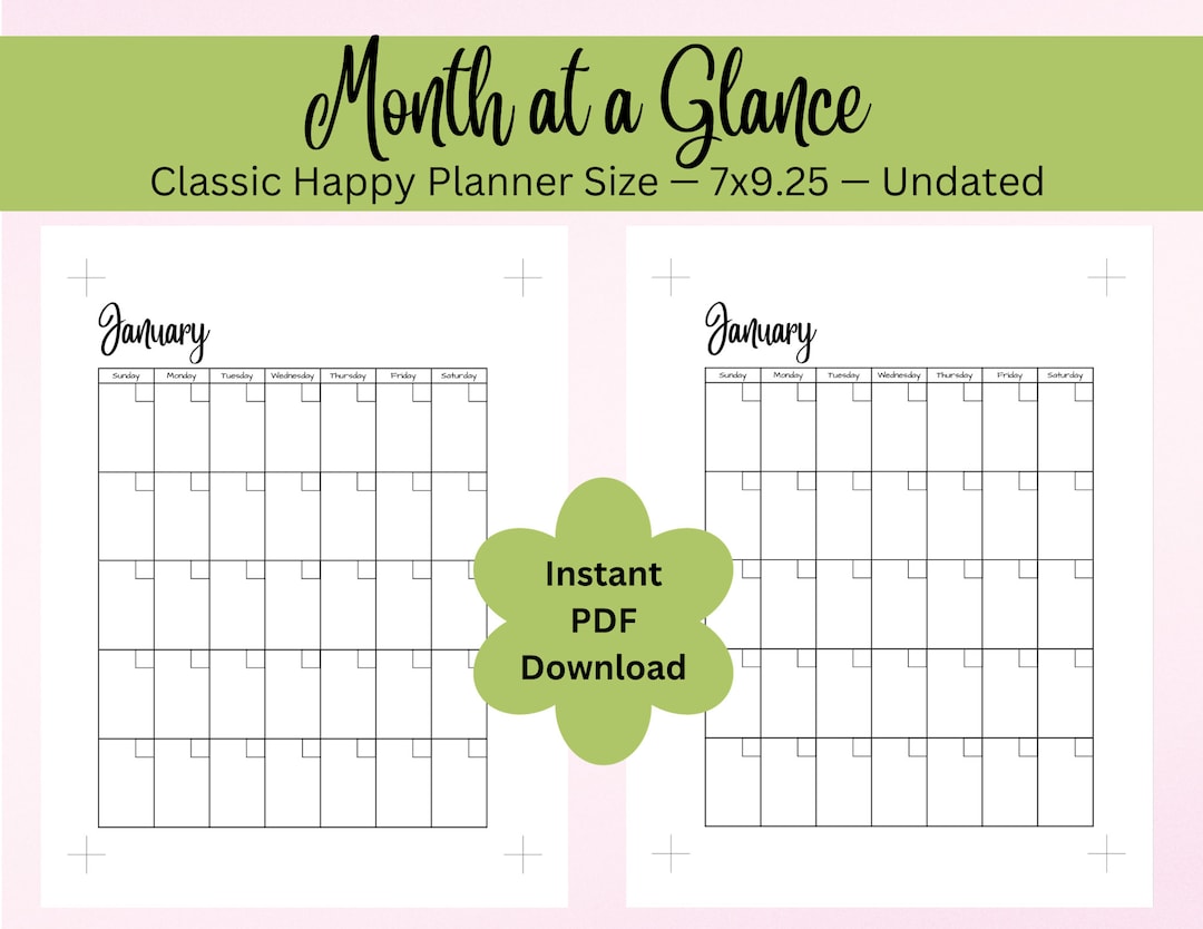Month at A Glance | Undated | Classic Happy Planner Size 7x9.25 | Right ...