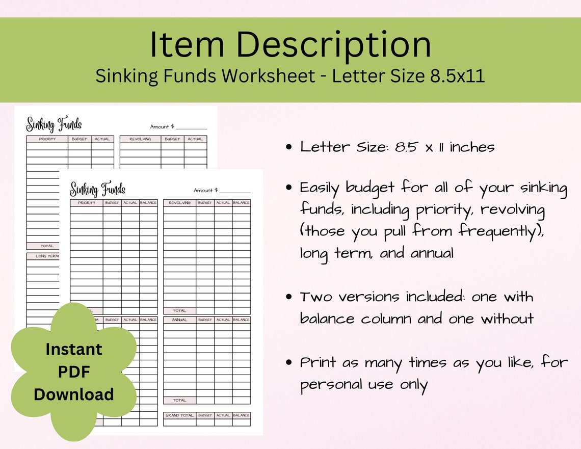Sinking Funds Worksheet | Letter Size 8.5x11 | Budget Printable - Etsy