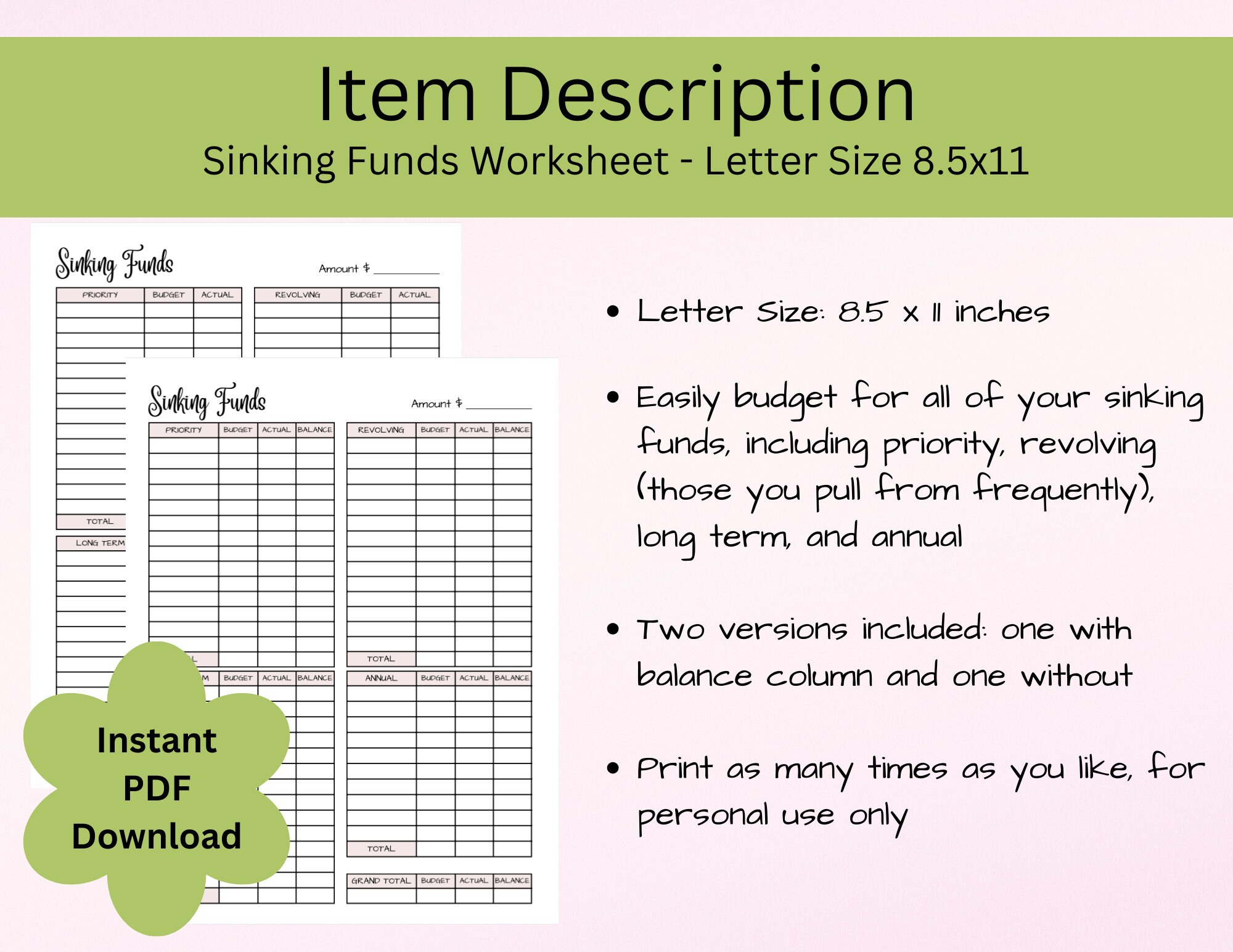 Sinking Funds Worksheet Letter Size 8.5x11 Budget Printable - Etsy