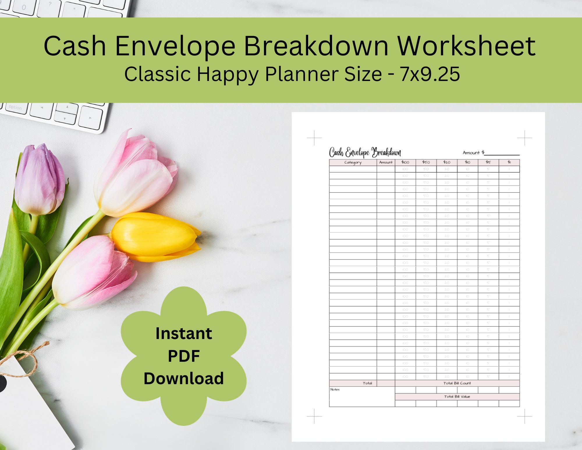 Cash Envelope Breakdown Worksheet | Classic Happy Planner Size 7x9.25 ...