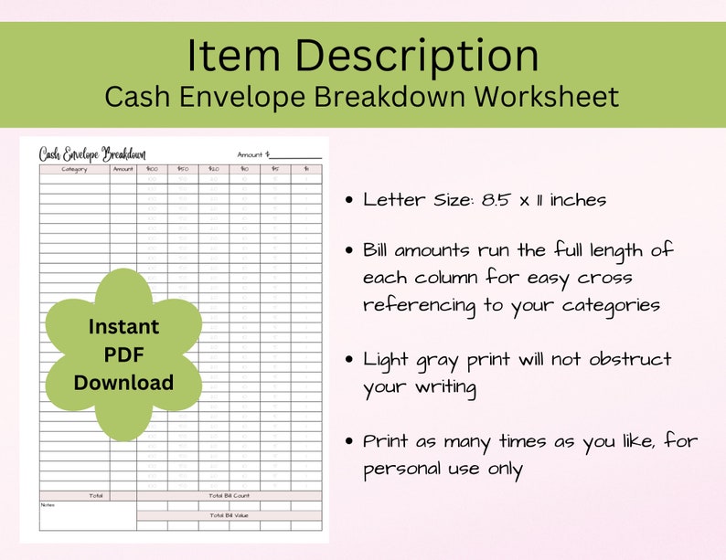 Cash Envelope Breakdown Worksheet | Letter Size 8.5x11 | Budget ...