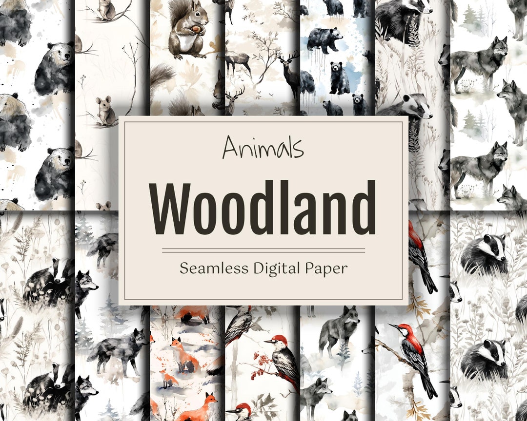 Woodland Animals Digital Paper Pack, Ink Wash Repeating Seamless ...