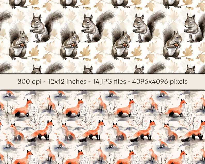 Woodland Animals Digital Paper Pack, Ink Wash Repeating Seamless ...