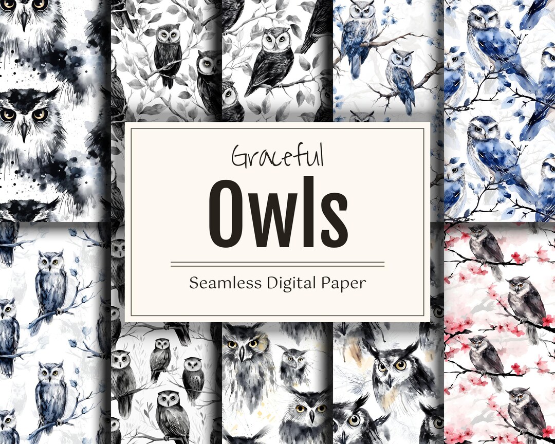 Sumi-e Owls Digital Paper Pack, Seamless Zen Brushwork Pattern for ...