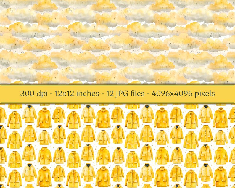 Watercolor Rainy Days Digital Paper Pack, Yellow Seamless Pattern for ...