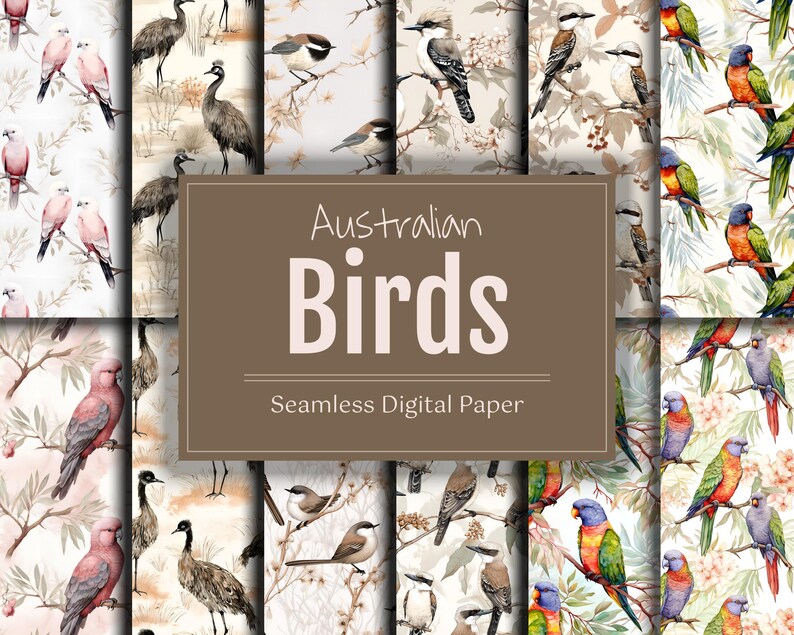 Australian Birds Digital Paper Pack, Rustic Watercolor Seamless Pattern ...