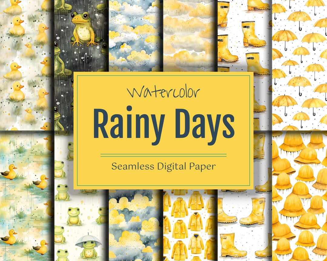 Watercolor Rainy Days Digital Paper Pack, Yellow Seamless Pattern for ...
