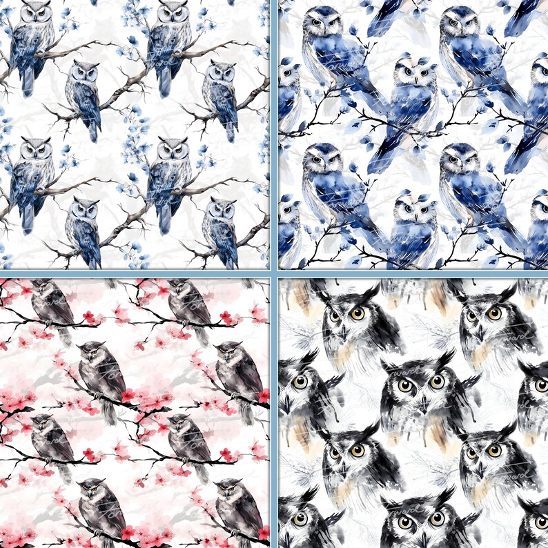 Sumi-e Owls Digital Paper Pack, Seamless Zen Brushwork Pattern for ...