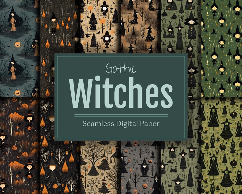 Witches Digital Paper Pack, Spooky Repeating Seamless Pattern for Scrapbooking, Haunted Witchy ...