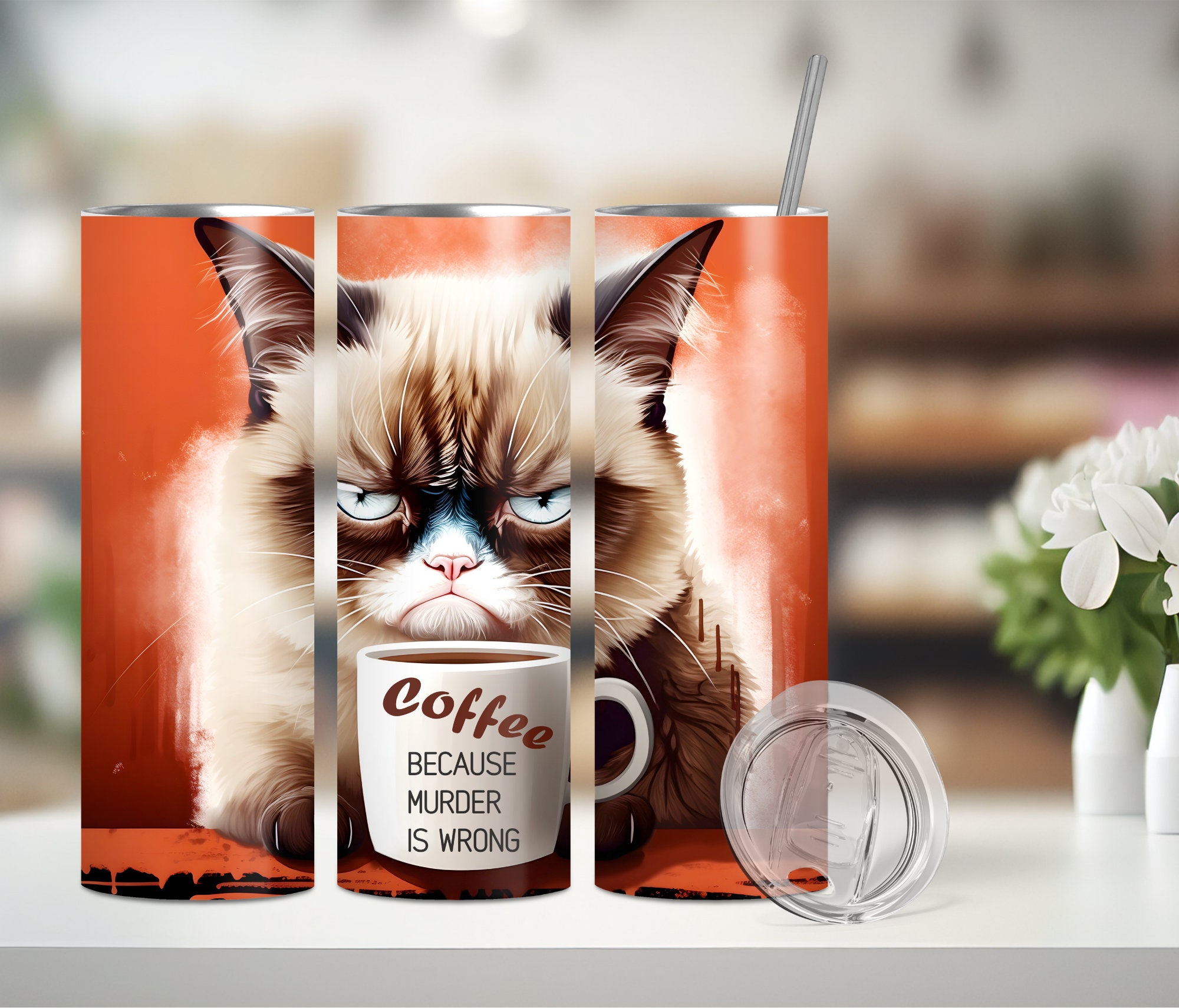 Angry Cat Coffee Travel Tumbler W/straw, Cat Lover Gift, Cat With ...