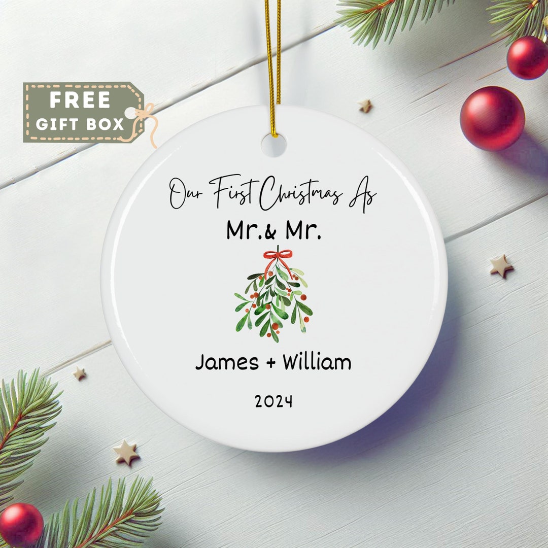 Personalized Mr. & Mr. First Christmas Ornament: Watercolor Mistletoe ...