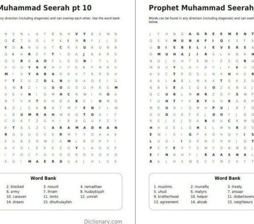 10 Sheets of Islamic Word Searches for Kids, Islamic Education, Fun Learning for Children, With ...