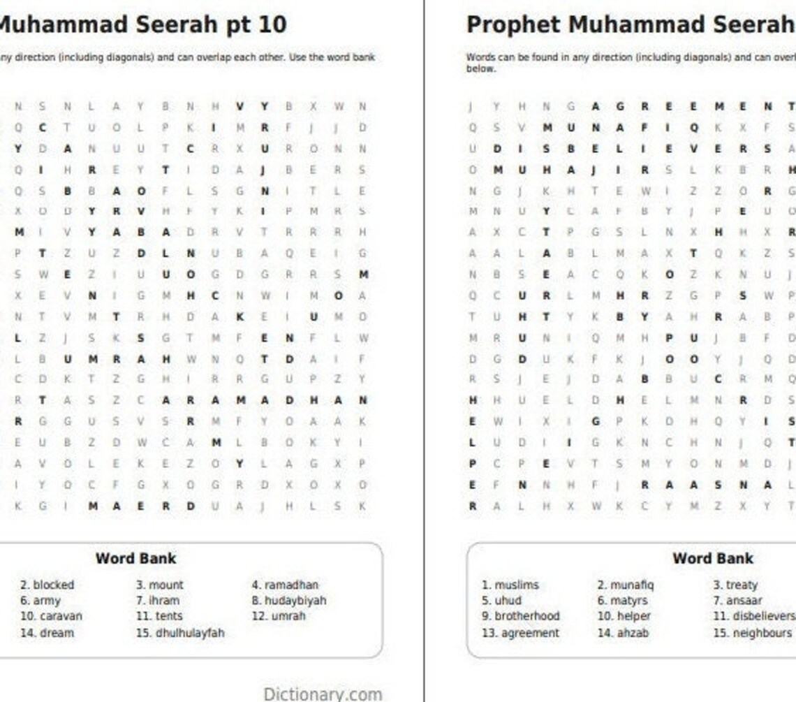 10 Sheets of Islamic Word Searches for Kids, Islamic Education, Fun ...