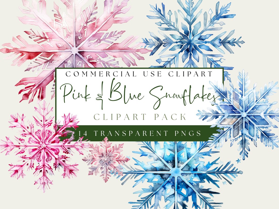 Pink and Blue Snowflake Clipart. Watercolor PNG Bundle. Winter Design ...