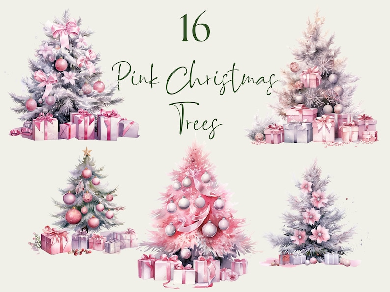 Pink Christmas Tree Clip Art. Pink Watercolor PNG Bundle. Holiday ...