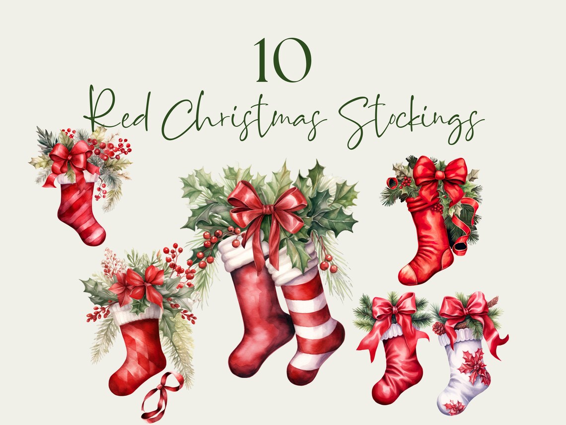 Christmas Stockings Clipart. Watercolor Red and White Xmas PNG. Holiday ...