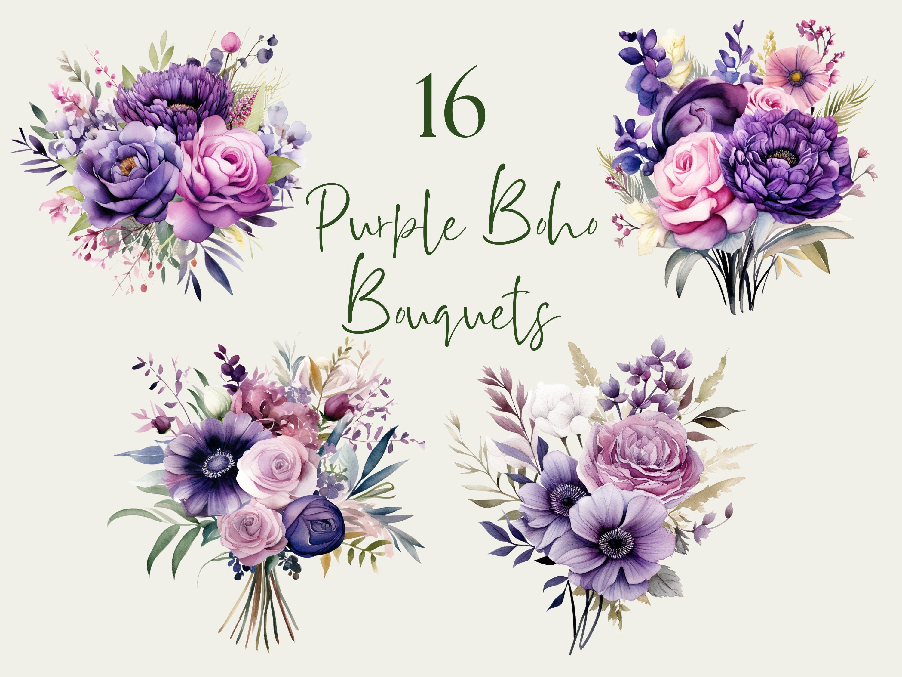 Purple Boho Bouquet Clipart. Watercolor Florals. Bohemian Lilac Flowers ...