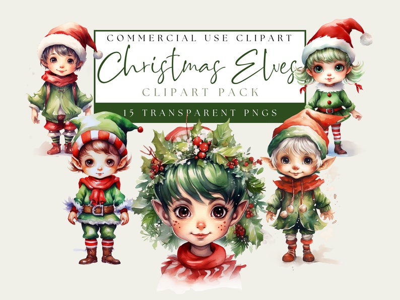 Christmas Elves Clip Art. Watercolor Santa's Helpers Xmas PNG. Holiday ...