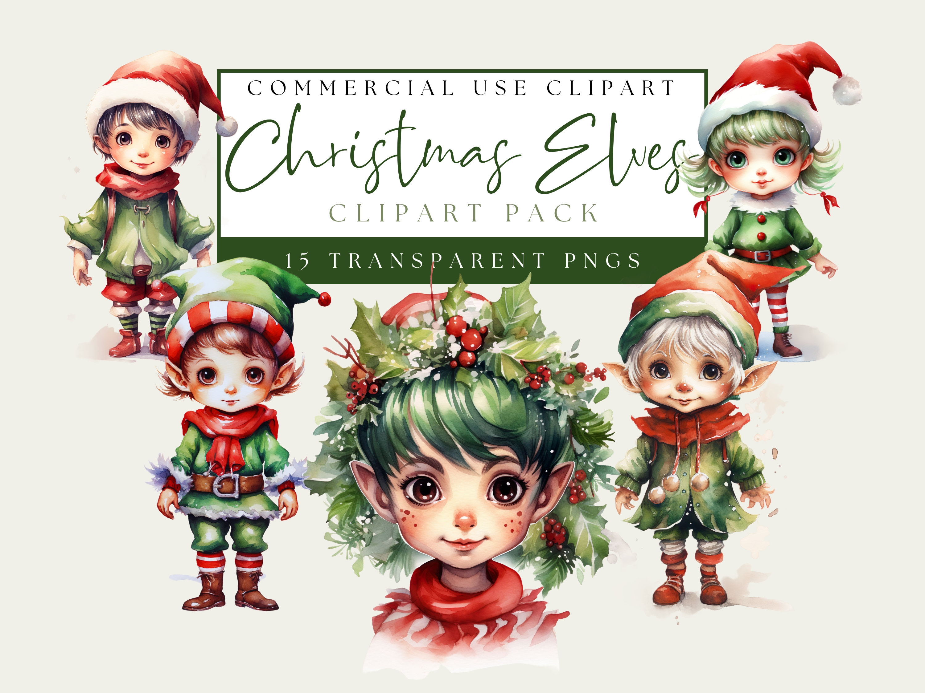 Christmas Elves Clip Art. Watercolor Santa's Helpers Xmas PNG. Holiday ...