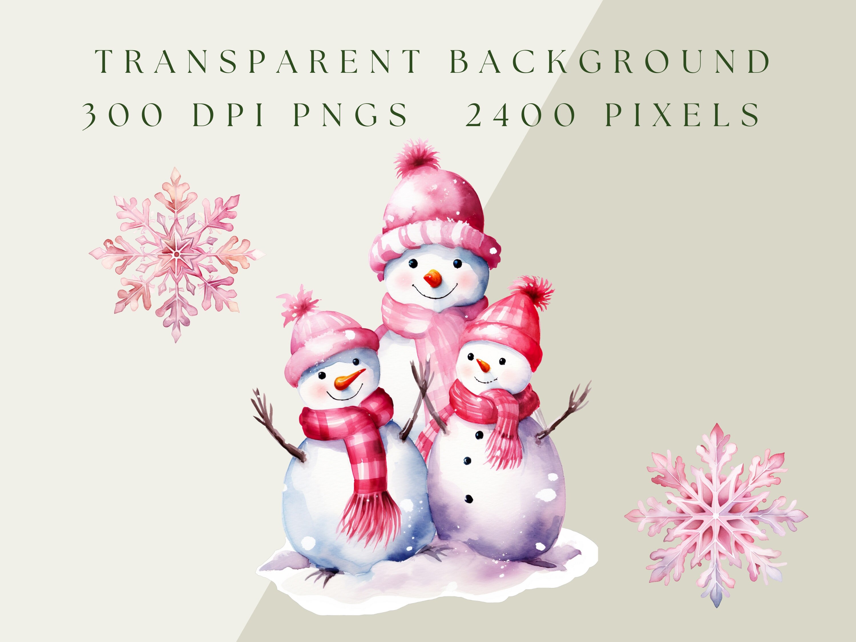 Pink Snowman Clip Art. Pink Watercolor PNG Bundle. Holiday Designs ...