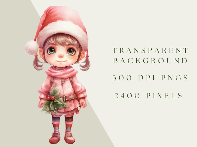 Pink Girl Elf Clipart. Watercolor Christmas Image. Festive Holiday PNG ...