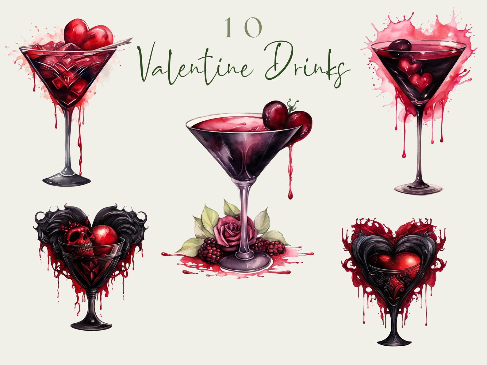 Gothic Valentine Drinks Clipart. Dark Cocktails Bundle. Black Beverage ...