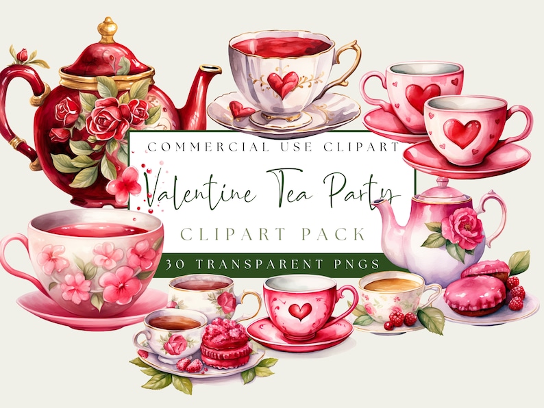 Valentine Tea Party Clip Art. Heart & Flowers Tea Cup Bundle. Love Tea ...