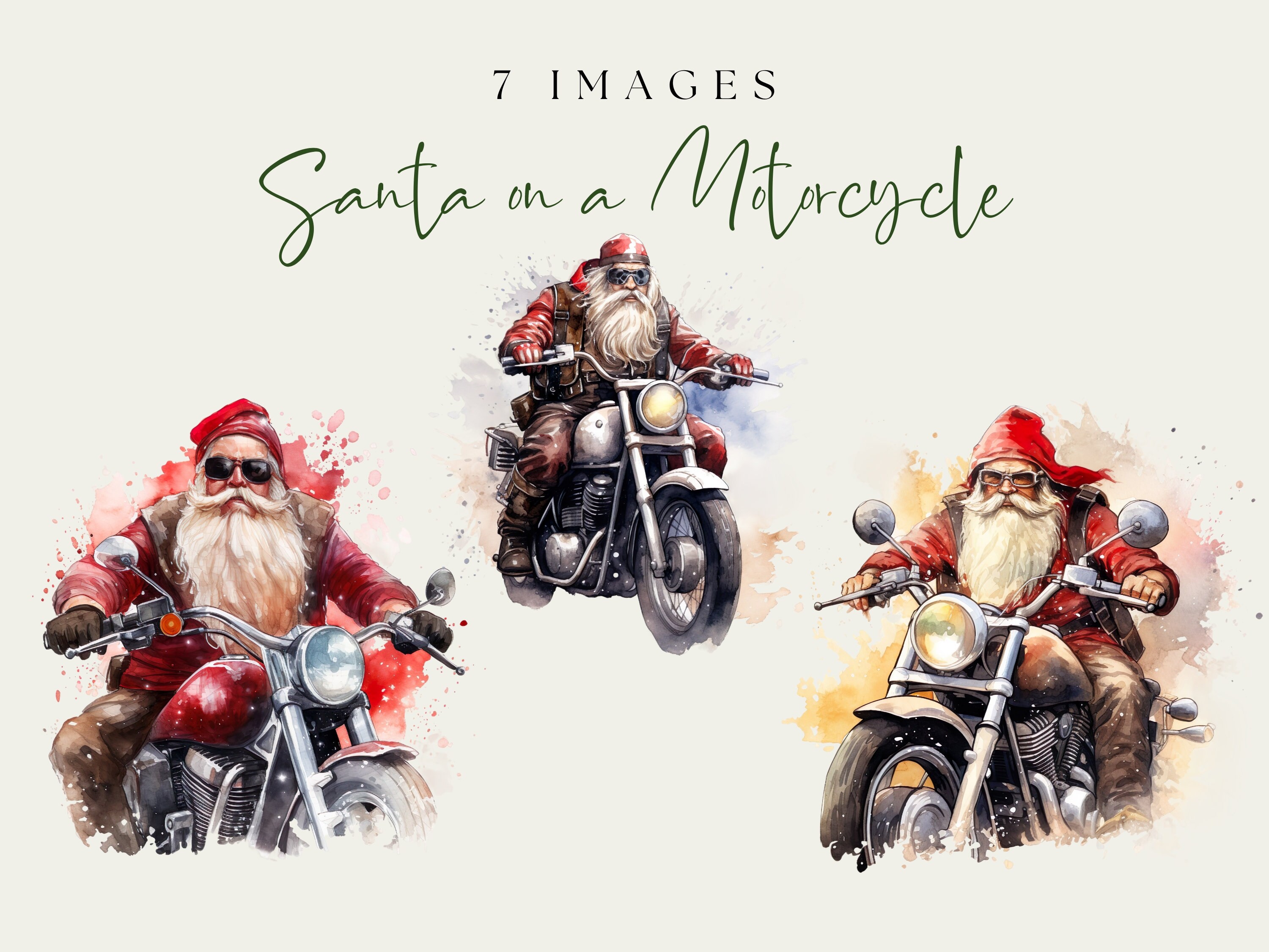 Santa Motorcycle Clipart. Santa Biker Watercolor PNG Bundle. Xmas ...