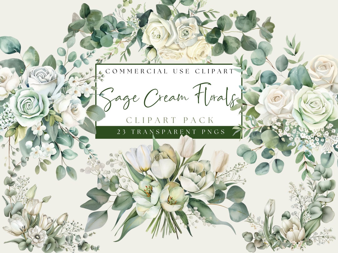 Sage Green Flowers Clipart. Watercolor Greenery. Cream Floral Bouquets ...