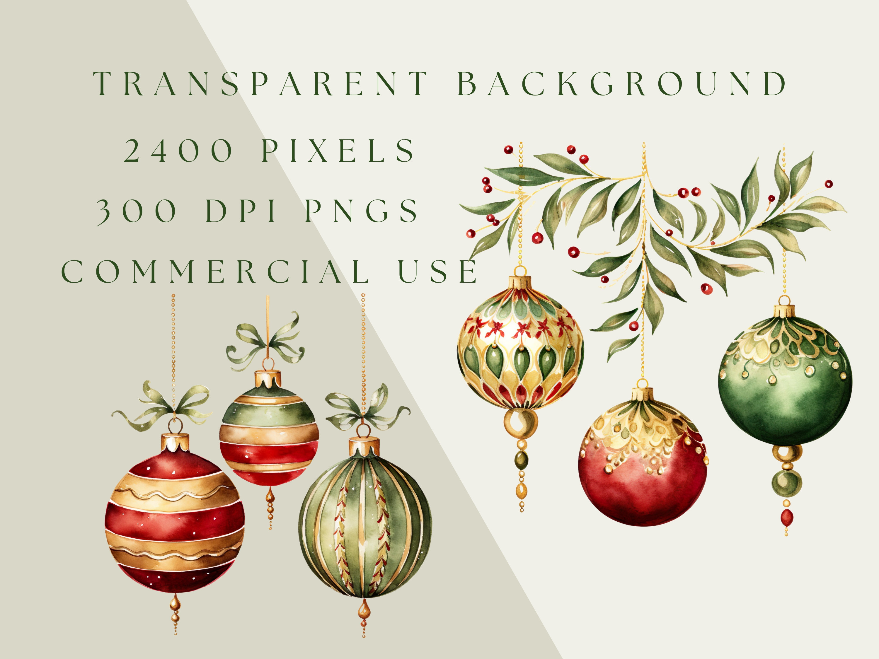Watercolor Christmas Ornaments Clip Art. Red and Green Xmas Baubles PNG ...