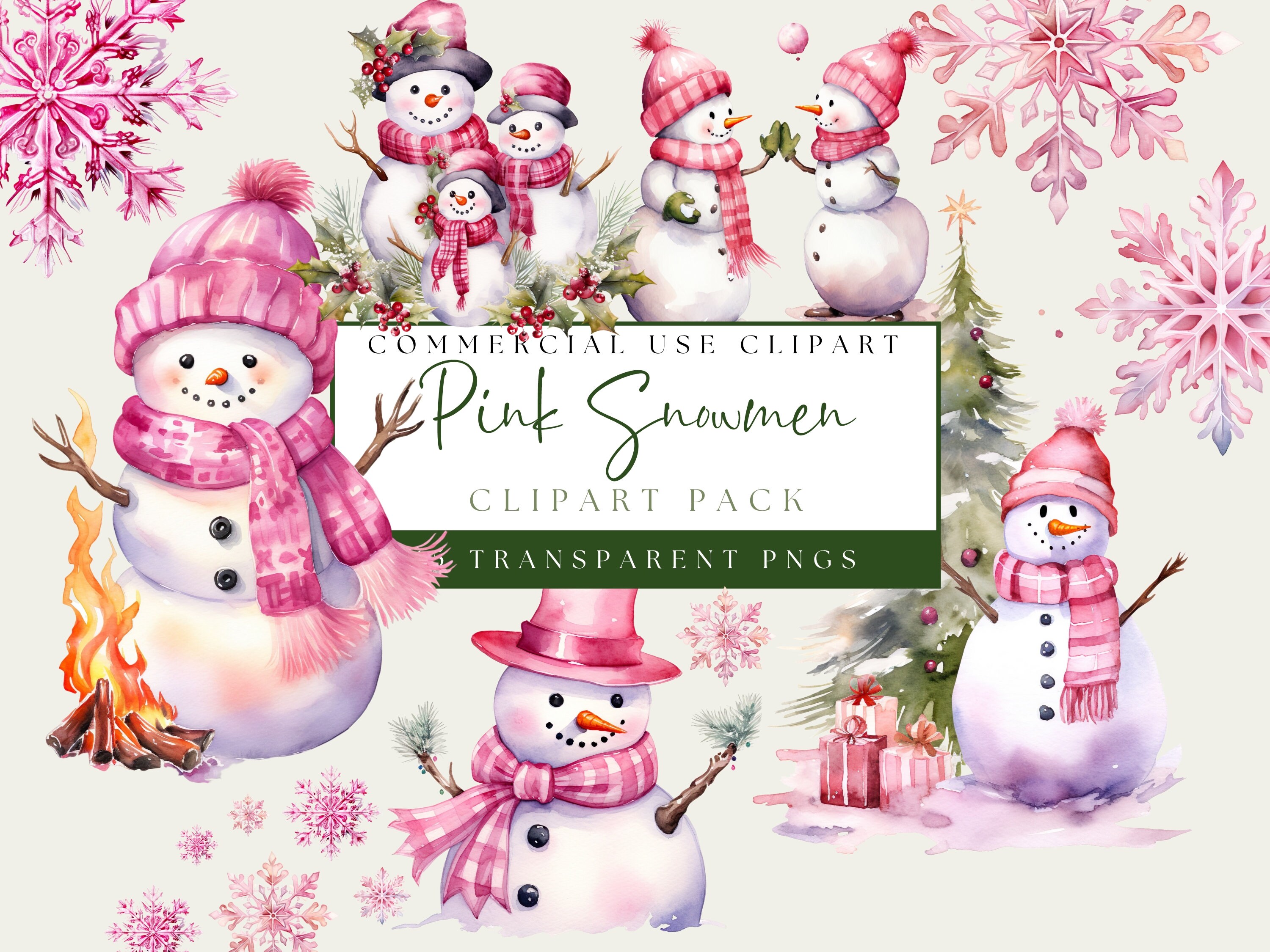 Pink Snowman Clip Art. Pink Watercolor PNG Bundle. Holiday Designs ...