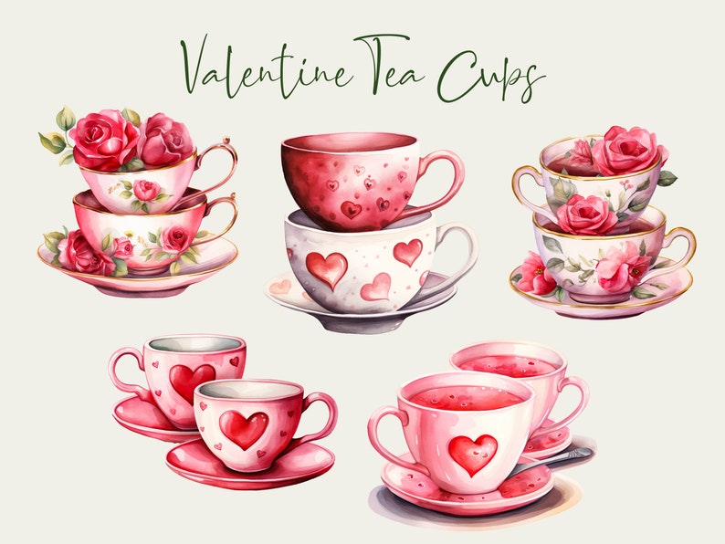 Valentine Tea Party Clip Art. Heart & Flowers Tea Cup Bundle. Love Tea ...