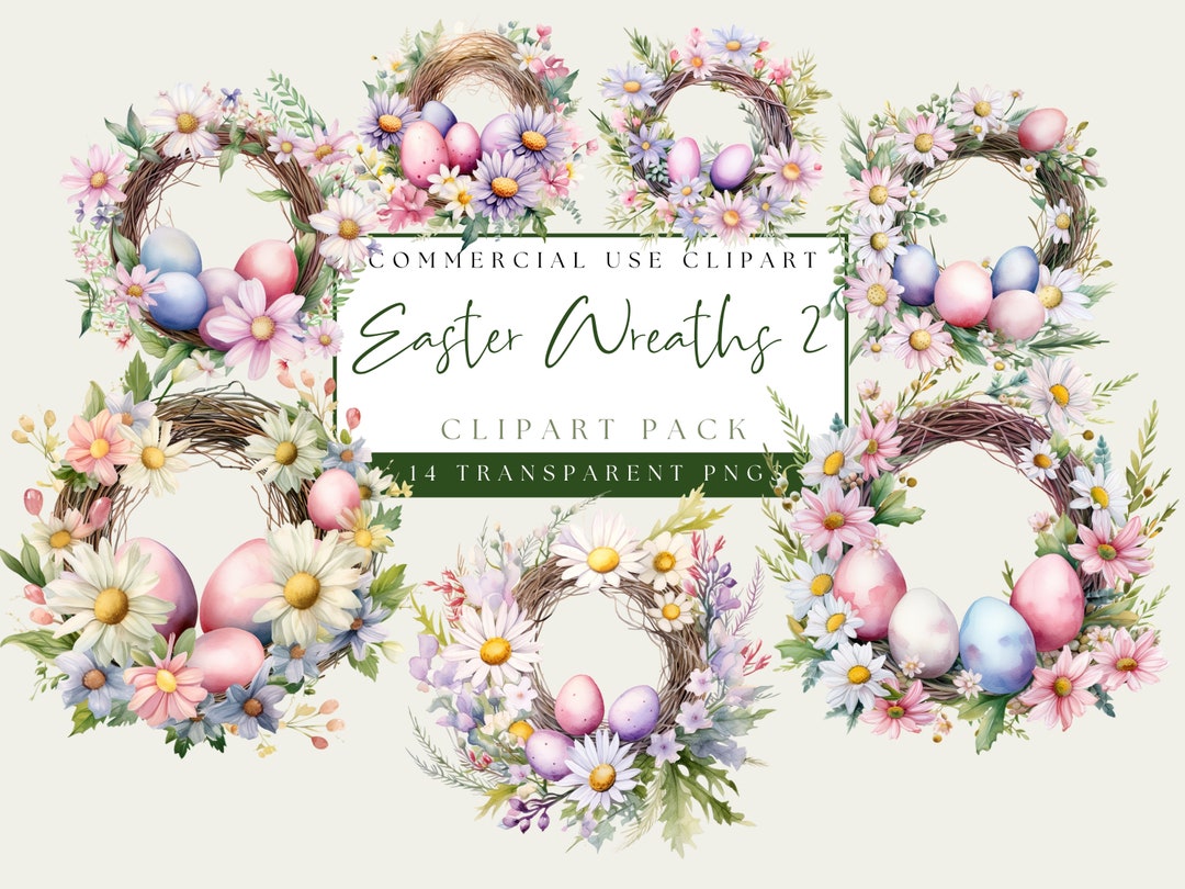 Easter Wreath Clipart. Watercolor Easter Flower and Egg Graphics ...