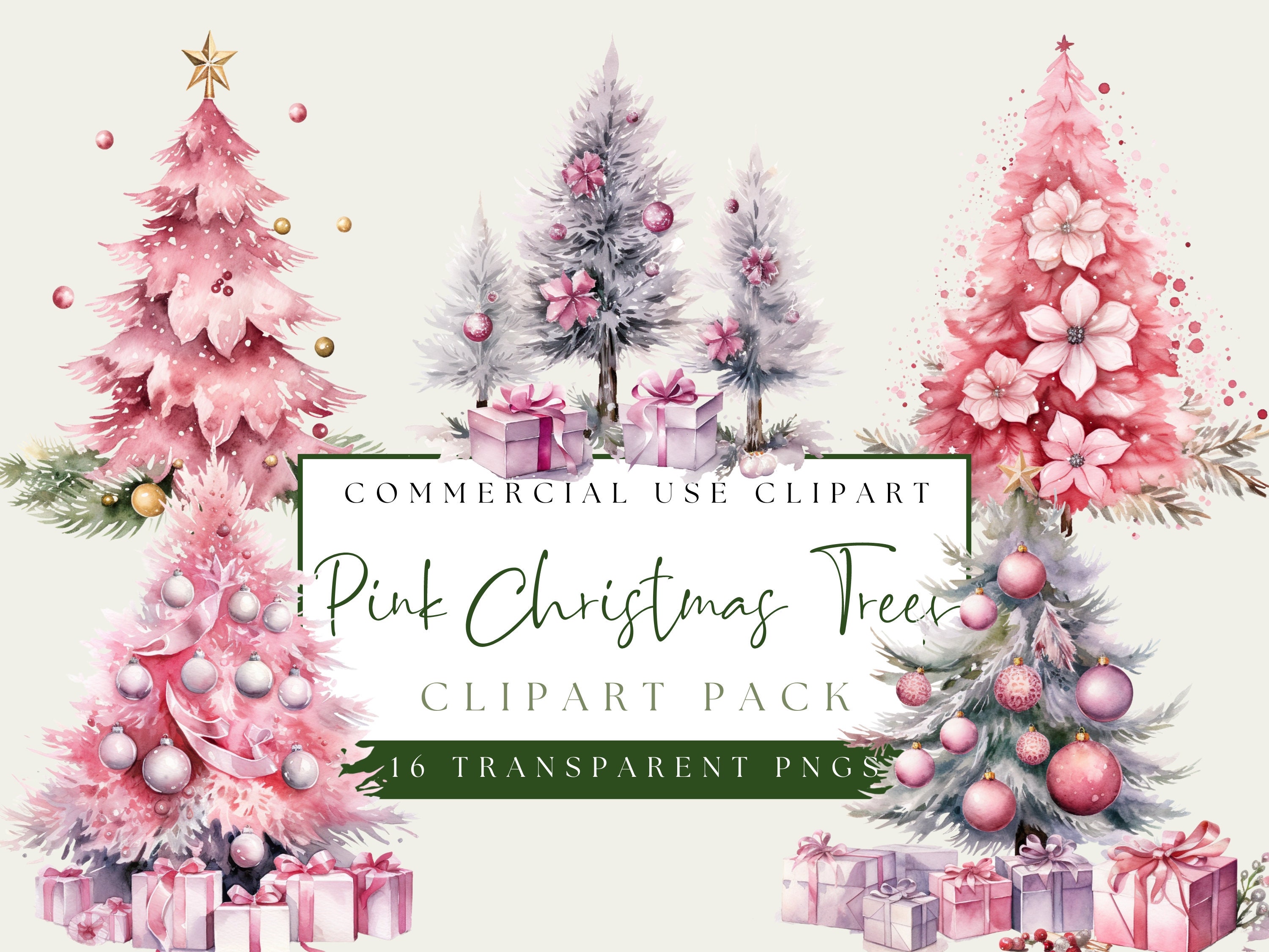 Pink Christmas Tree Clip Art. Pink Watercolor PNG Bundle. Holiday ...