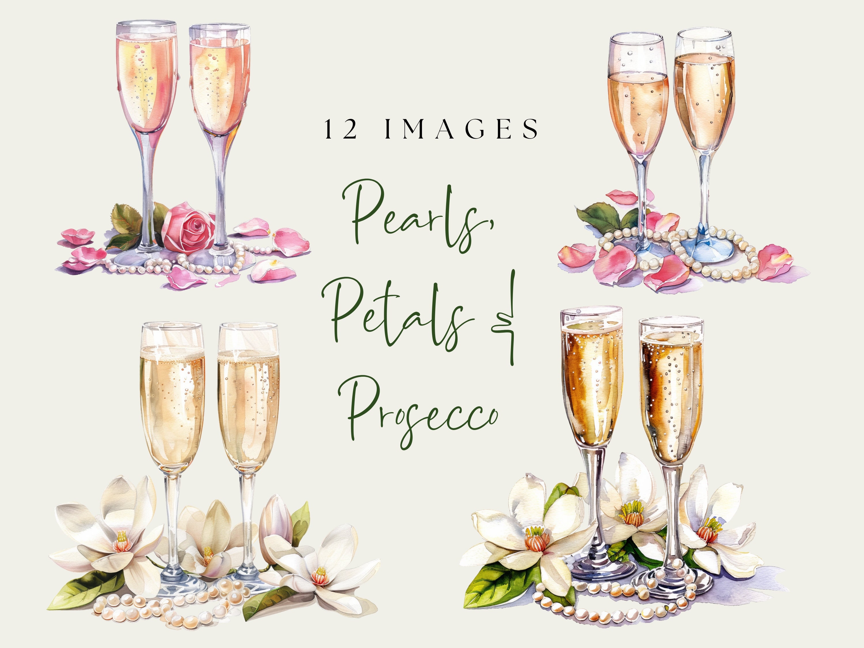Prosecco Pearls and Petals Clipart. Champagne Flute Graphics. Card ...