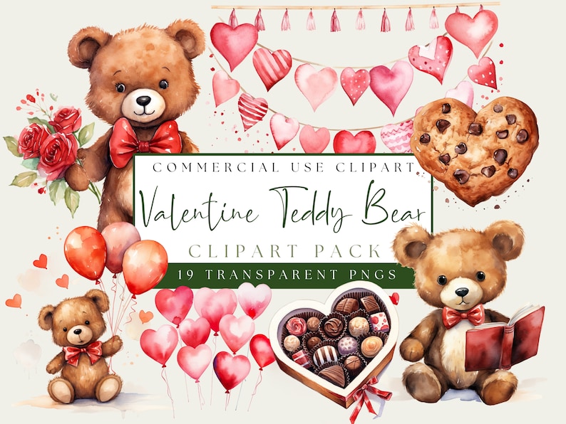Valentines Bear Clip Art. Watercolor Cute Teddy Bear Images. Love Pngs ...